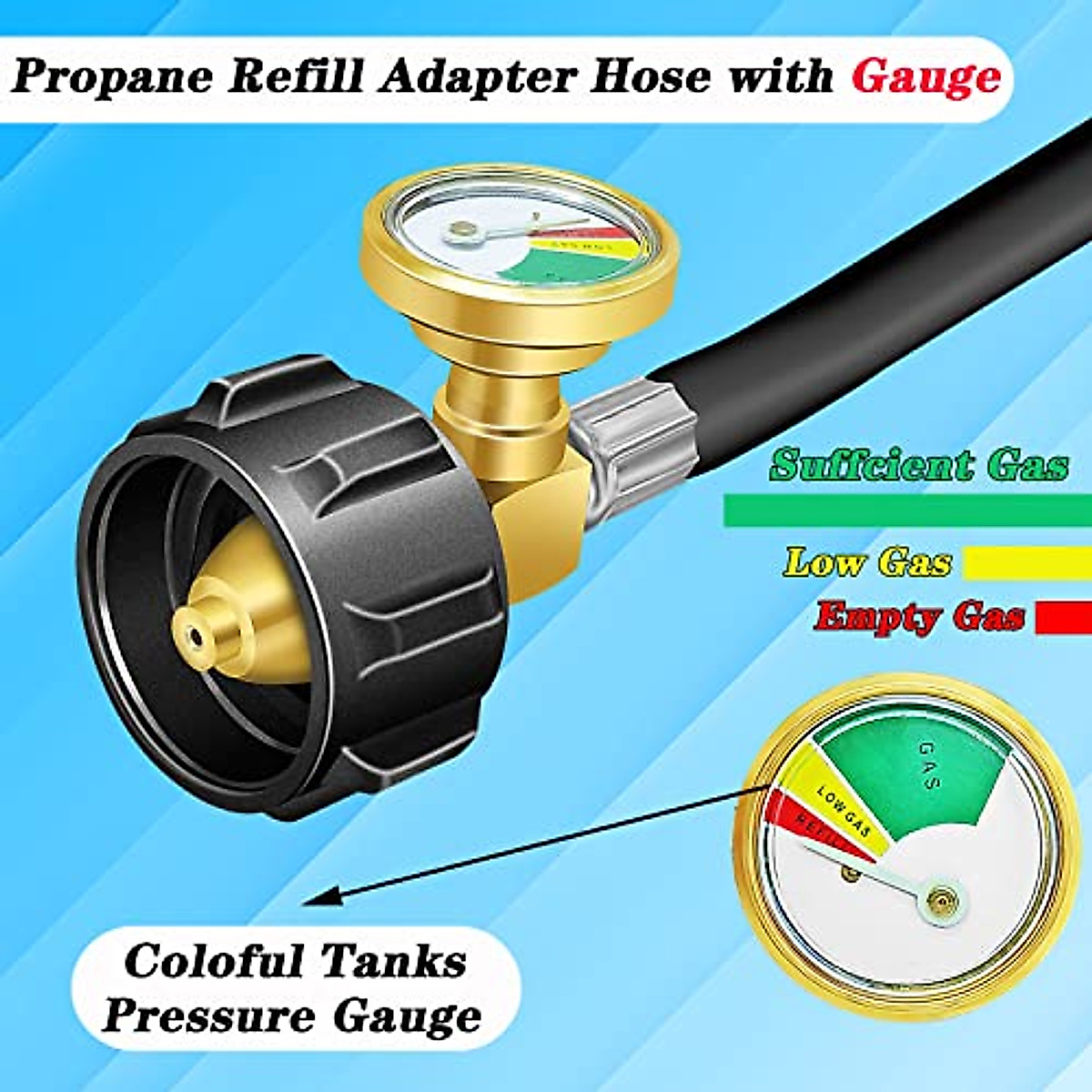 Upgraded Propane Refill Adapter Hose, 36" Propane Extension Refill Hose with Gauge, Shut off Valve, 1LB Propane Filling Hose Kit with 1 LB Propane Bottle Cap, Roll Sealing Tape (Rubber)