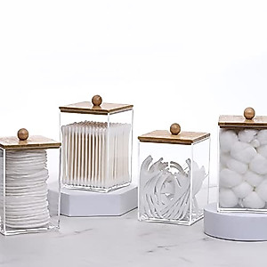 Tbestmax 12 OZ Cotton Swab/Ball/Pad Holder, Qtip Apothecary Jar, Clear Bathroom Containers Dispenser for Storage 4 Pack Wood Lids