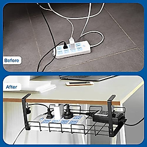 No Drill Under Desk Cable Management Tray, 2 Pack Cable Management Clamp to Desk Cable Rack Under Desk Cord Organizer, Sturdy Metal Cable Tray Basket for Office and Home Standing Desk