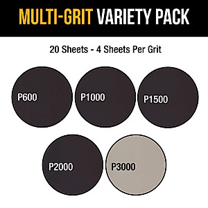 Dura-Gold Premium 6" Wet or Dry Sandpaper Disc Variety Pack - Grits 600, 1000, 1500, 2000, 3000 (4 Each, 20 Pcs) Hook & Loop Backing - Color Sanding Polishing, Automotive Woodworking DA Orbital Sander