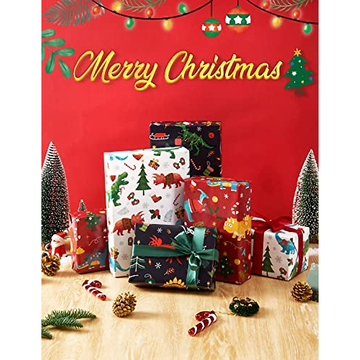 Christmas Dinosaur Wrapping Paper - 10 Sheets 20" x 27" Boys Dinosaur Wrapping Paper Kids Christmas Wrapping Paper Flat Fold Holiday Wrapping Paper Xmas Dinosaur Gift Wrap Birthday Wrapping Paper