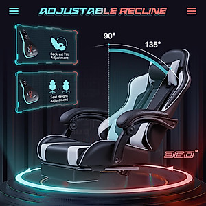 JUMMICO Gaming Chair Ergonomic Computer Chair with Footrest and Massage Lumbar Support, Height Adjustable Video Gaming Chair with 360° Swivel Seat and Headrest (White)