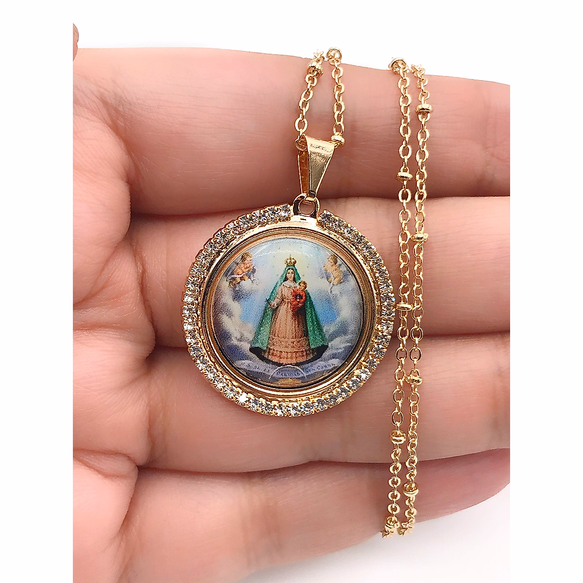 LESLIE BOULES Virgin Caridad del Cobre Pendant Necklace 18K Gold Plated Chain Religious Jewelry