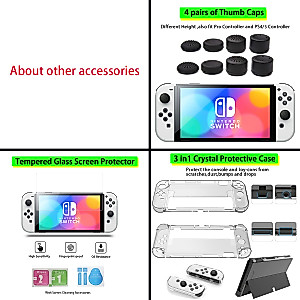 KAXIMEII Carrying Case for Nintendo Switch Oled,8 in 1 Switch Oled Accessories Bundle with Thumb Cap, Crystal Protective Case for Console & J-Con,Screen Protector,Hard Material Storage Bag,-Silver