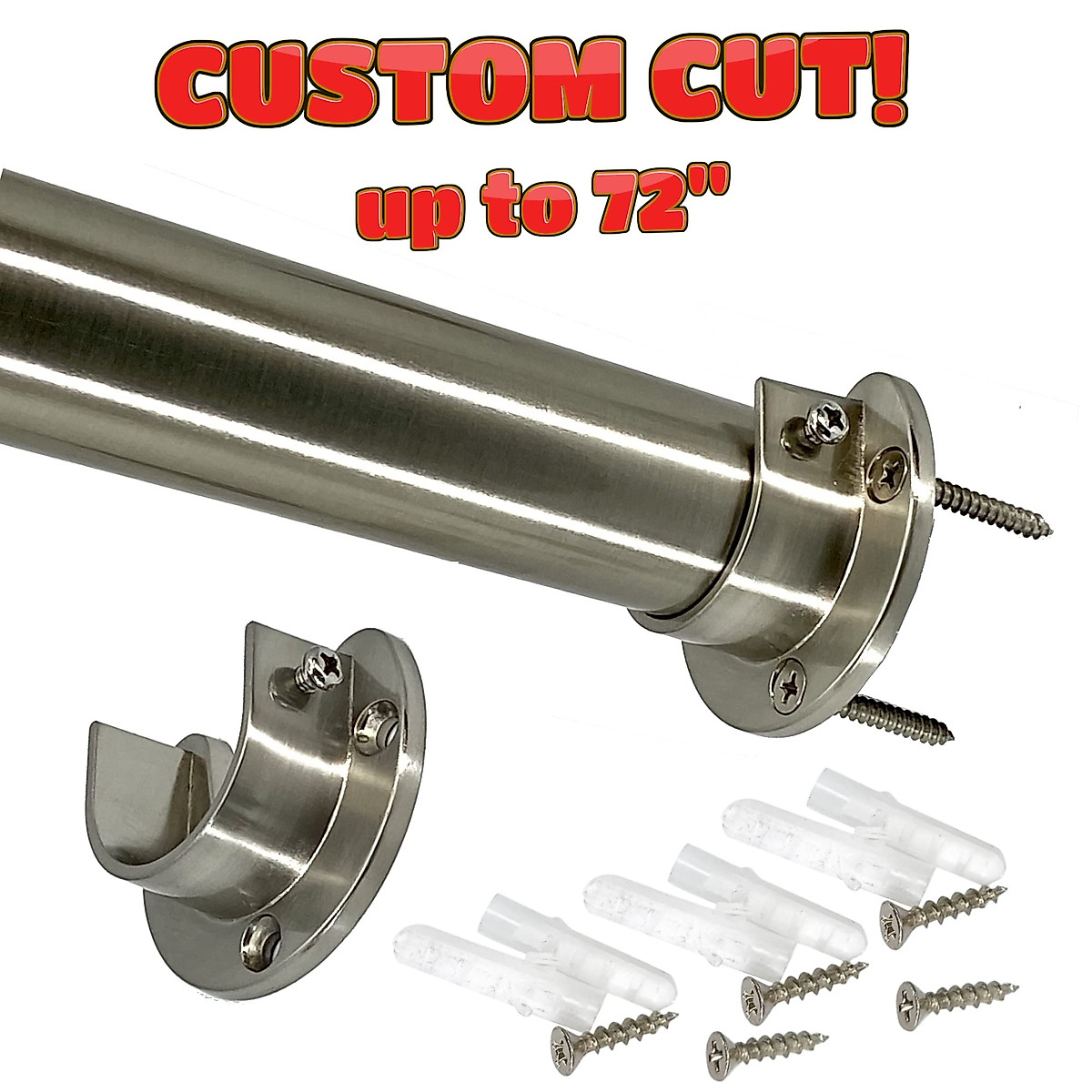CUSTOM CUT | Up to 72" | HEAVY DUTY Satin Nickel Closet Rod | 32mm Dia. | w/Matching End Brackets
