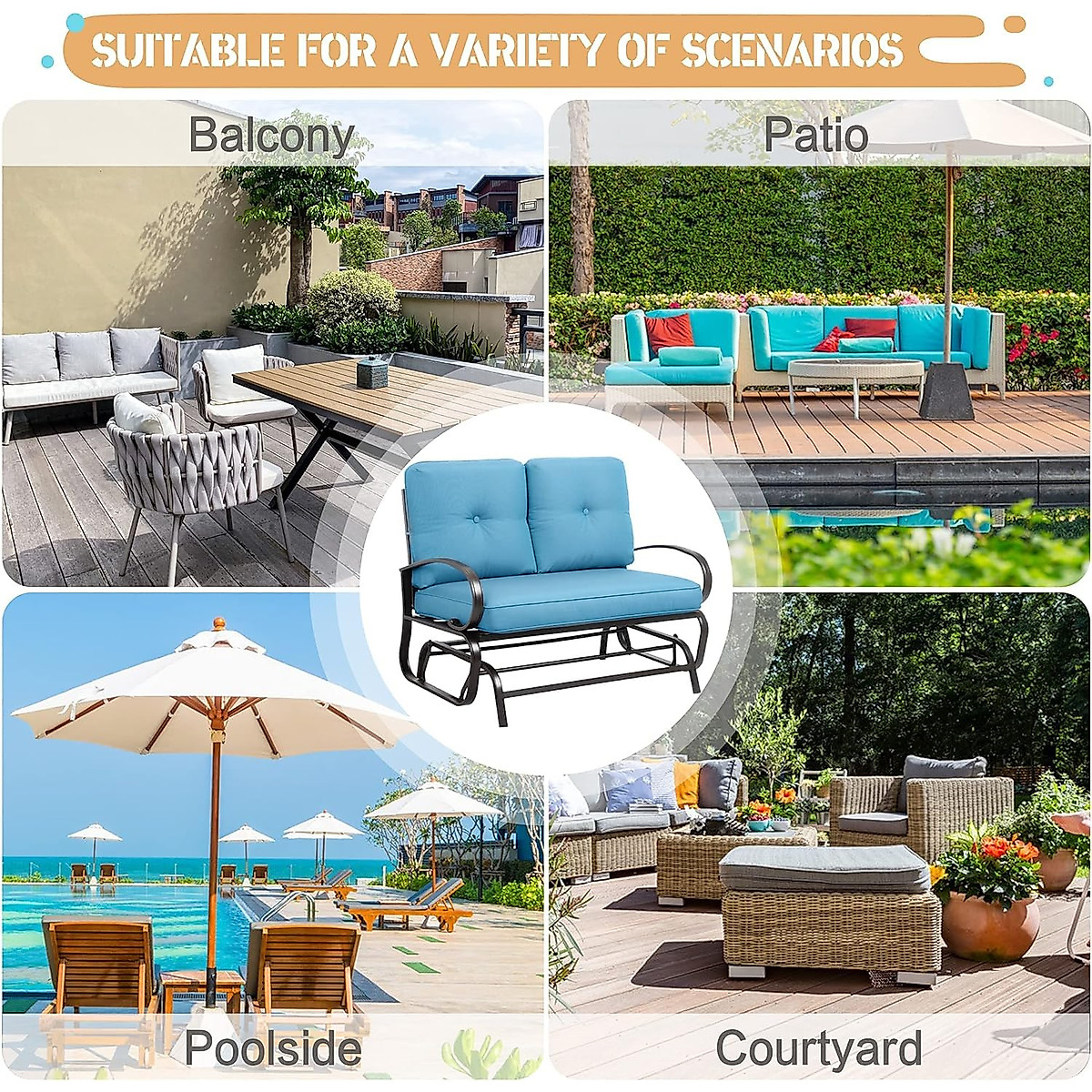 JY QAQA Patio Outdoor Metal Gliders Rocking Bench, Garden Porch Furniture Glider, Wrought Iron Chair Set with Cushion,Beach, Yard, Blue