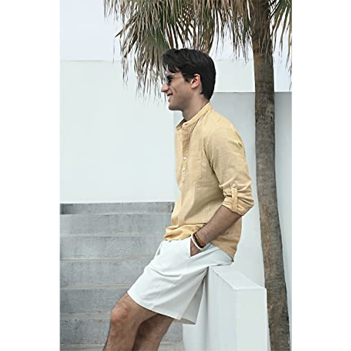 Enlision Beige Casual Henley Shirts for Men Summer Beach Long Sleeve Cotton Linen Hippie Shirt Hawaiian Tropical Button Down Yoga Top Shirt Khaki