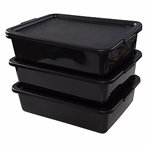 Dehouse 13 L Plastic Commercial Utility Bus Boxes, Black Bus Tubs with Lids, 3-Pack