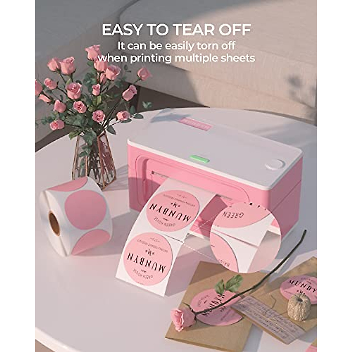 MUNBYN 2 Inch Pink Circle Thermal Sticker Labels, Shipping Scale, Pink Shipping Label Printer