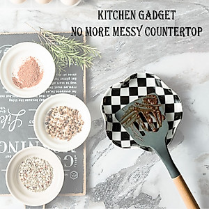 Miamolo Spoon Rest for Stove Top, 5.3in Checkered Spoon Holder Utensil Rest, Ceramic Spoon Rests for Coffee Bar, Kitchen Gadget Cooking Gift for Housewarming