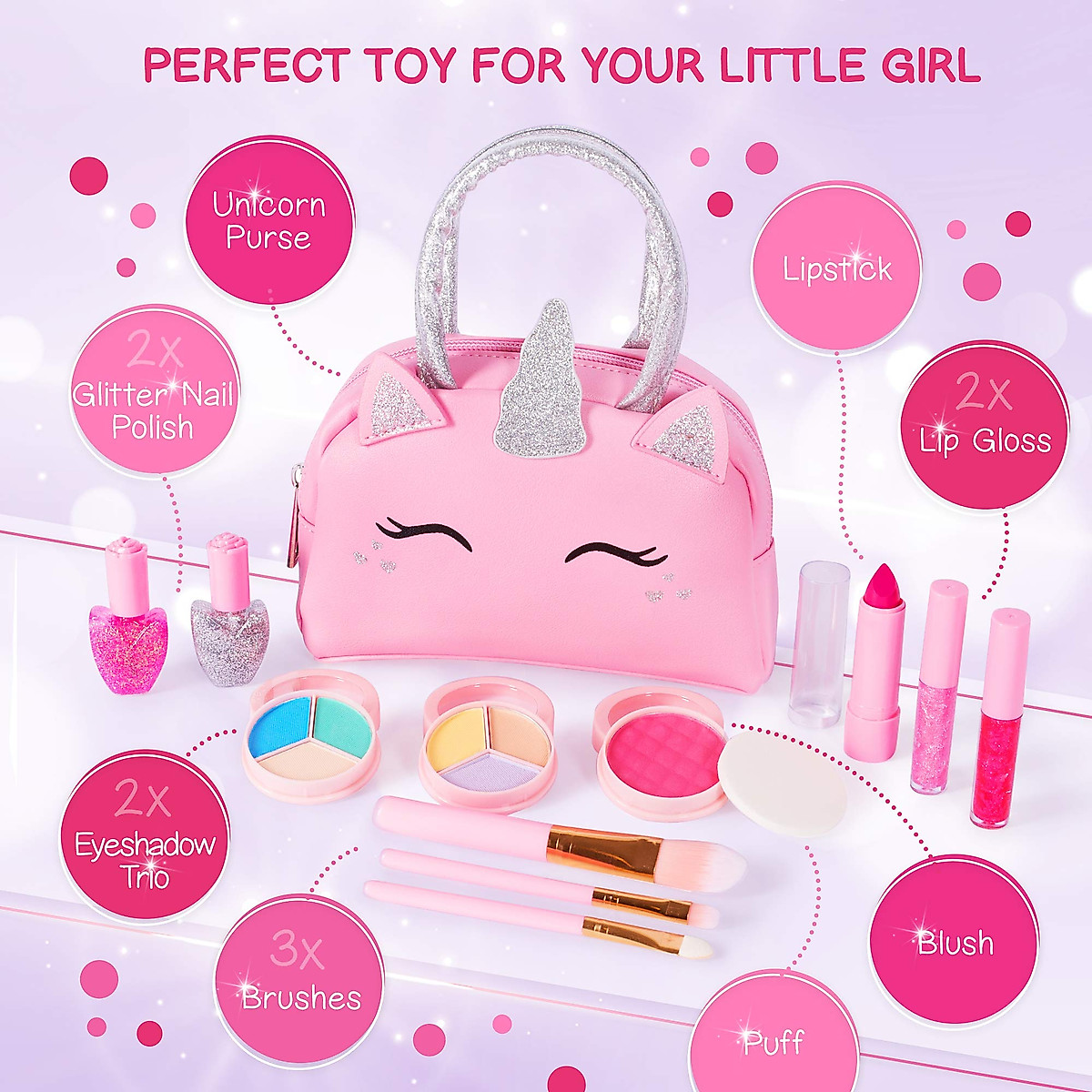 Kids Real Makeup Kit for Little Girls: with Pink Unicorn Purse - Real, Non Toxic, Washable Make Up Toy - Gift for Toddler Young Children Pretend Play Set Vanity for Ages 3 4 5 6 7 8 9 10 Years Old