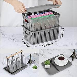 NEATJELAI Small Plastic Storage Bins with Lids,Stackable Box Basket Pantry Decorative Containers Cute with for Organizing Shelves Drawers Desktop Closet Playroom Classroom Office,6 Pack,Grey