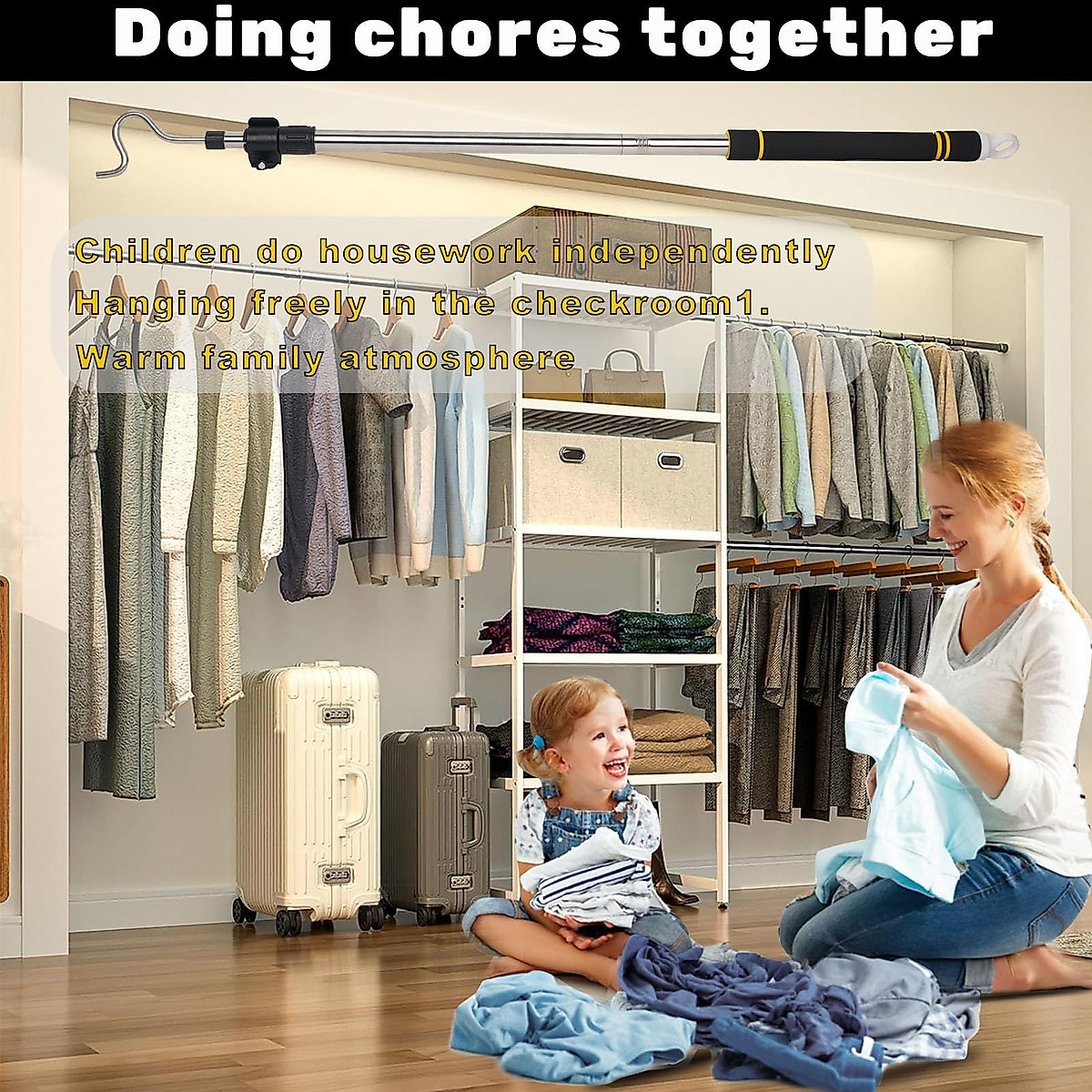 Clothes Hanger Reaching Hook, Attic Pull Down Hook Extendable 36-66inch Sponge Handle Hard to Break Apply to Closet Poles for Hanging Clothes Closet Extender Hanging Rod Clothesline Pole.