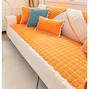 vctops Soft Corduroy Sofa Couch Cover, Plaid Sectional Couch Covers, Non-Slip Sofa Slipcover for Dogs Cats Kids(Orange,43"x43")