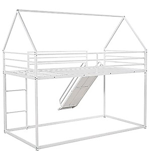 Twin Over Twin Bunk Beds with Slide, Metal Frame House Bunk Bed, Low Twin Bunk Beds with Built-in Ladder, No Box Spring Needed, White