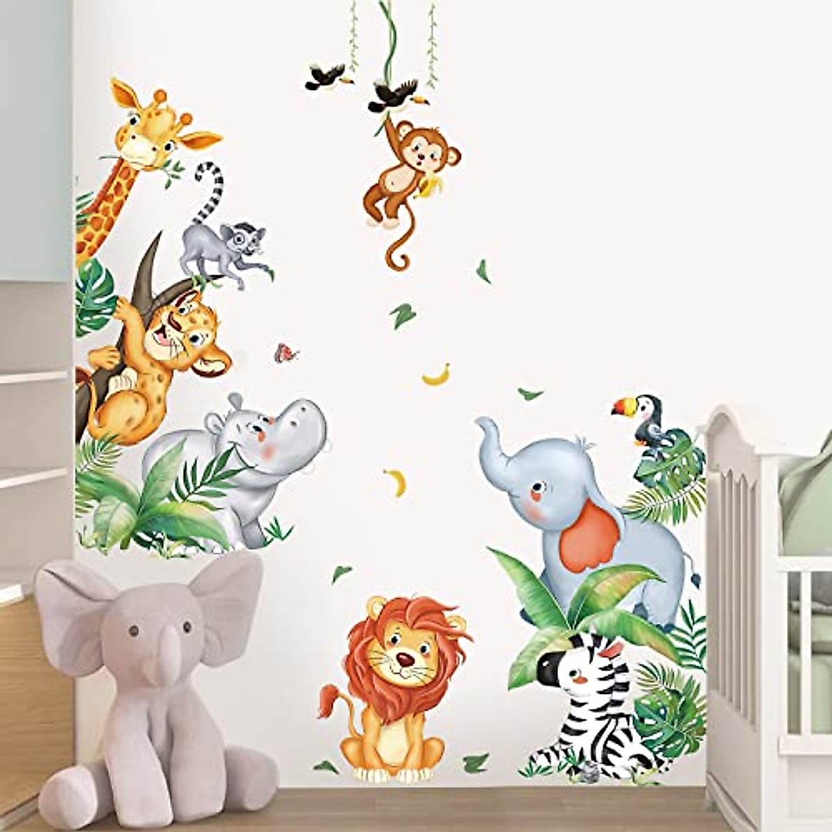 wondever Jungle Animals Wall Stickers Safari Animal Elephant Giraffe Lion Monkey Peel and Stick Wall Art Decals for Kids Bedroom Baby Nursery Door Decor