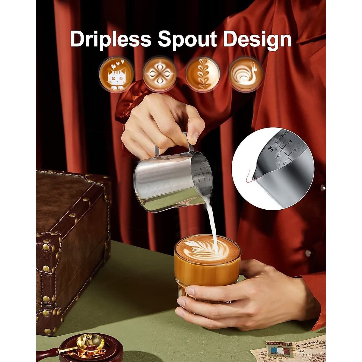 12 Ounces Stainless Steel Milk Frothing Pitcher, Measurements on Both Sides, Espresso Machine Accessories, Latte Art Cup with Insulated Handle, Creamer Pitcher for Single-Serve, No-drip or Spillage