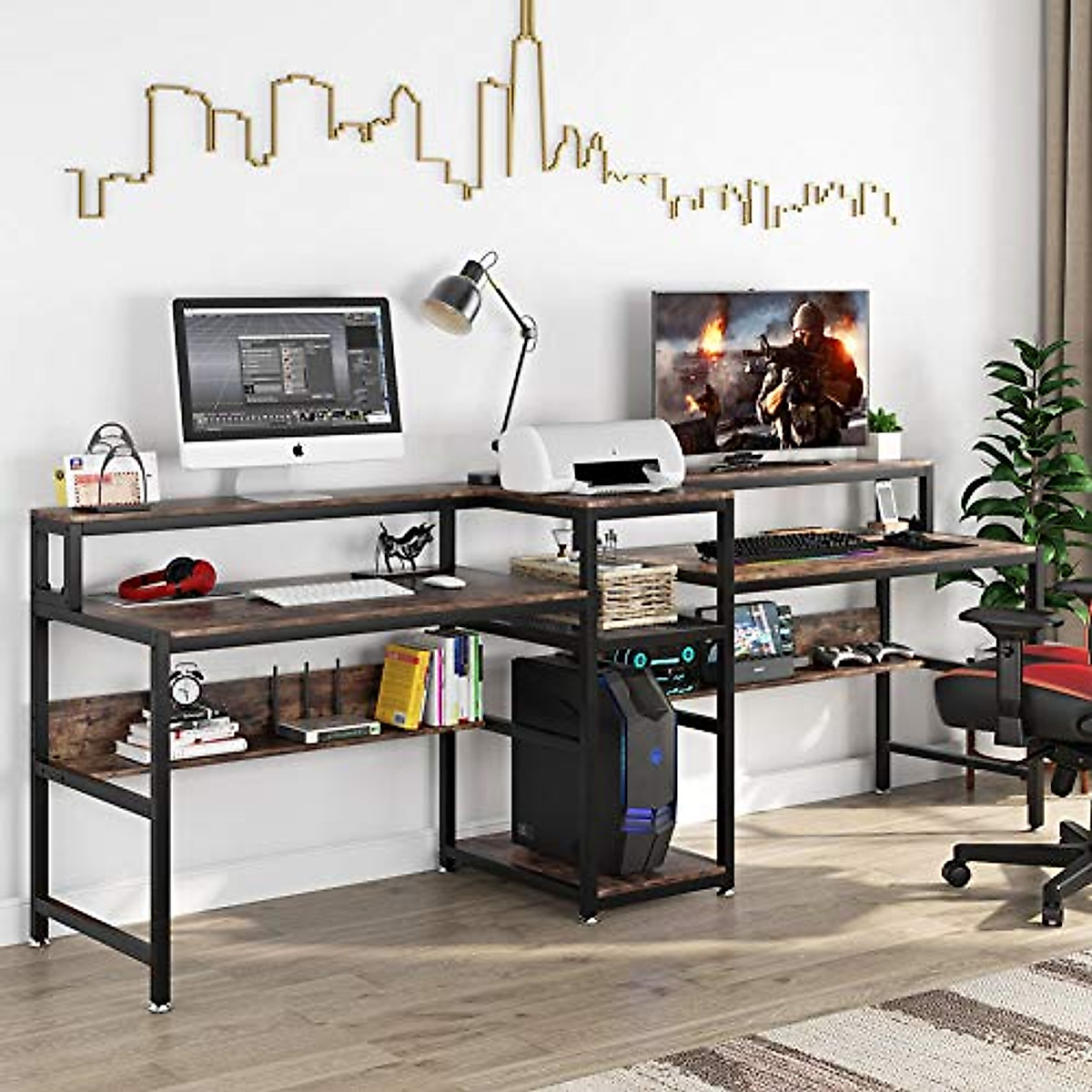 Tribesigns 94.5 inch Double Computer Desk with Storage Shelf, Extra Long Two Persons Desk with Printer Shelf, Large Office Desk Study Writing Table for Home Office (Rustic Brown)