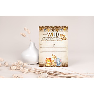 Jungle Safari Baby Shower Invitations - Safari Animal Invitation - 20 Fill-In Invitations and White Envelopes - Boy or Neutral Baby Shower Party - Monkey, Lion, Elephant, Giraffe