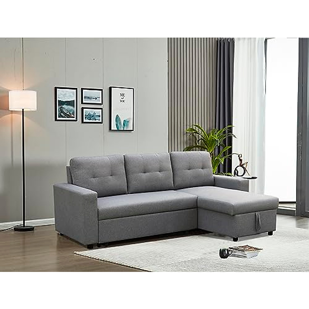 INSTORY Linen Sofa Bed Convertible Sectional Sofa Reversible Pull Out Couch Bed L-Shaped Sleeper Sofabed with Storage Chaise for Living Room