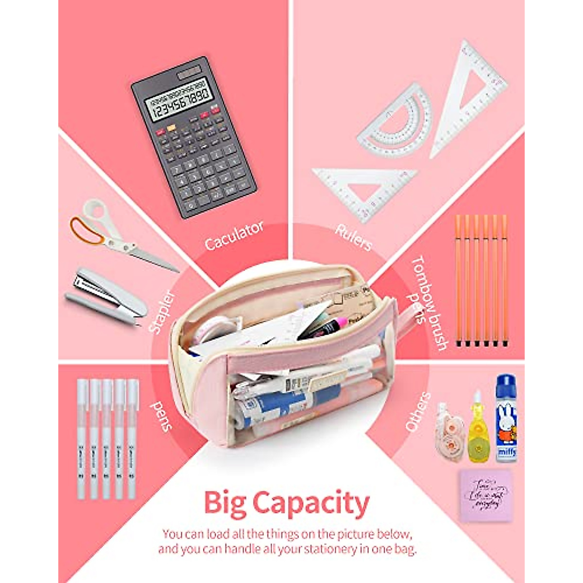 YOKUMA Clear Aesthetic Pencil Case Pouch Cute Kawaii Mark Pen Case Organizer Transparent Colored Large Capacity Makeup Bag for Girls Teen College Students Adults, Back to School Supplies (Pink)