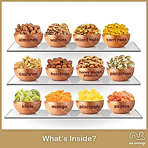 Dried Fruit & Mixed Nuts Gift Basket in Reusable Wooden Tray + Ribbon (12 Assortments) Purim Mishloach Manot Gourmet Food Bouquet Arrangement Platter, Birthday Care Package, Healthy Kosher Snack Box