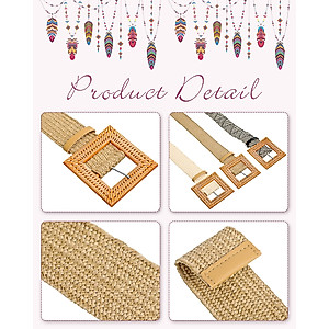 3 Pieces Straw Woven Belt Elastic Stretch Belt Boho Waist Belt Skinny Dress Braided Belt Wooden Buckle for Women