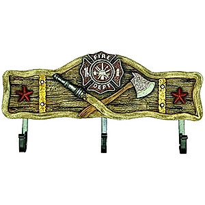 Rustic Fireman Fire Department Emblem Axe Hose Edge Wall Hook Key Holder Coat Hanger 3 Hooks Hand Painted Decoration
