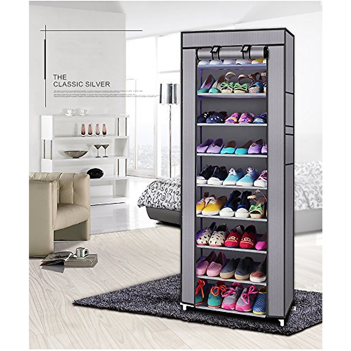 HOBBYN Shoe Rack,10 Tiers Shoe Rack with Dustproof Cover Closet Shoe Storage Cabinet Organizer Gray