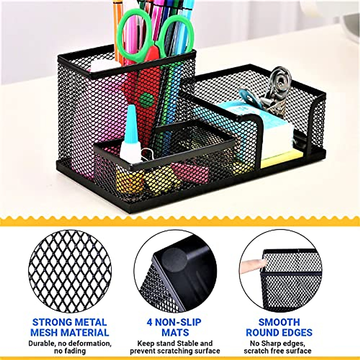SAWYBISH 2 Pack 3 in 1 Mesh Pen Holder for Desk, 3 Compartments Pencil Holder Desk Organizer Caddy with Sticky Notes Holder Easy Storage Suitable for Home, Office and School