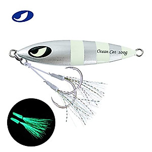 OCEAN CAT 1 PC Slow Fall Pitch Lead Metal Flat Fishing Jigs Lures Sinking Vertical Jigging Bait with Butterfly Hook for Saltwater Fishing (Silver, 100g)