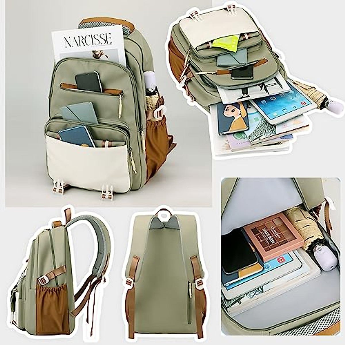 srdmuph Kawaii Backpack with Cute Accessories Pendant Travel Bag Large Outdoor Waterproof Casual Daypack Women Men (Green)