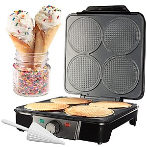 Mini Waffle Ice Cream Cone Maker - Bake 4 Homemade Mini Cones at Once, Includes Shaper Roller - Make Fun Bite Sized Entertaining Desserts for Summer Parties, Special Occasions and Gift Giving Treats
