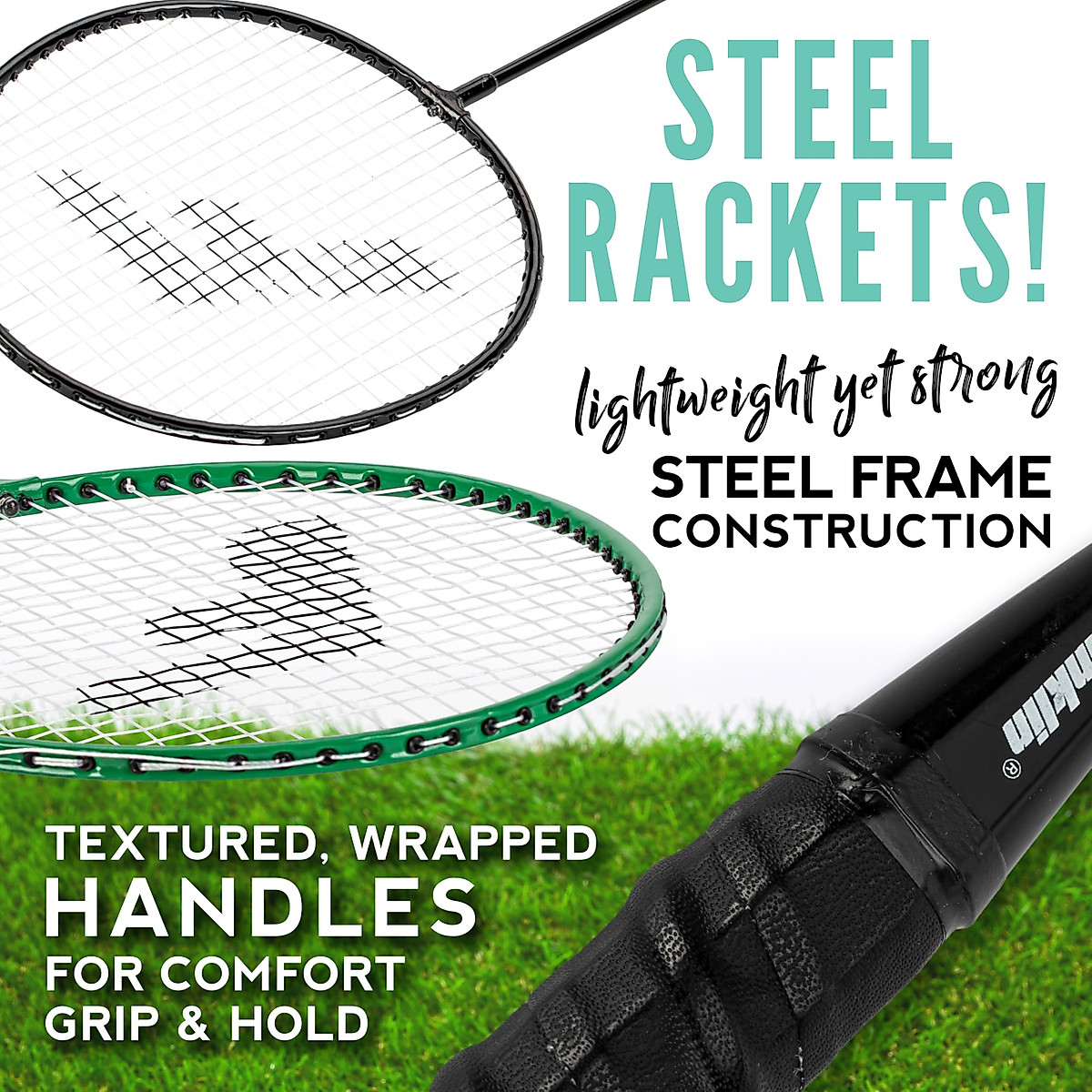 Franklin Sports Badminton Rackets - Glow in the Dark 2 Player Racket Set - Set of 2 Rackets and 2 Birdies - Adult + Kids Badminton Rackets