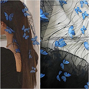 3D Vivid Butterflies Mesh Lace Fabric French Tulle lace for DIY Wedding Dress Costume Accessories Flower Girl Gown Dress Bridal Veil Home Decor(3Yard,White+Blue)