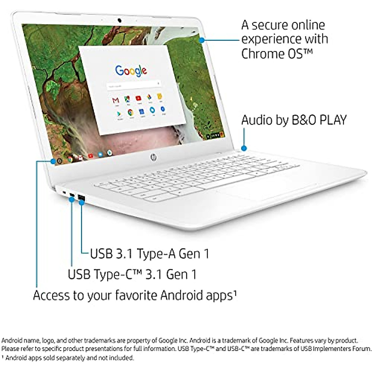HP 14 14" HD Chromebook, Intel Celeron N3350 Dual-core, Intel HD Graphics 500, 4GB RAM 32GB eMMC, Bluetooth, Built-in Webcam, HDMI, Chrome OS, Snow White