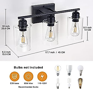 Bathroom Vanity Light Fixtures, 3-Light Black Bathroom Lights over Mirror Modern Wall Sconces Lighting, Matte Black Bathroom Wall Lights with Clear Glass Shade for Mirror, Hallway, Powder Room