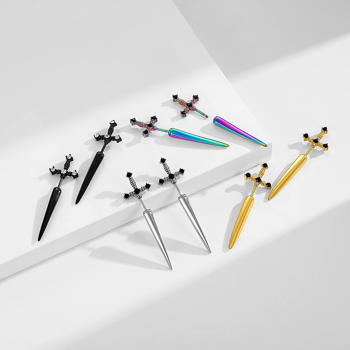 CHASELOV Gothic Earrings For Women, Sword Earrings, Goth Dagger Screw Back Earrings, Cool Mens Earrings, Fake Gauge Illusion Jewelry, Stainless Steel 18g Ear Jacket Earrings (Silver)