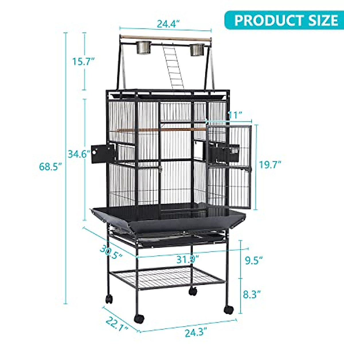 Kinpaw 68" Bird Cage Large - Wrought Iron Open Play Top Perch with Rolling Stand Castor Wheels Feeding Bowl for Parrot Cockatiel Finch Pet Supplies Black…