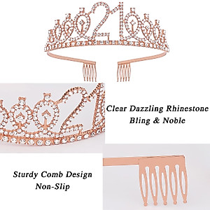 CAVETEE Rose Gold Finally 21 Birthday Sash and Crown for Women 21st Birthday Tiaras and Sash Set for Women Birthday Decorations Rose Gold Birthday Queen Crowns Tiaras for Women