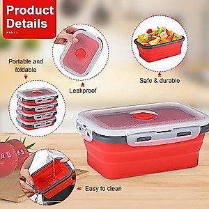Mifoci 12 Pack Collapsible Bowls Bulk with Leak Proof Lids 17oz Rectangle Silicone Food Storage Containers Stack Food Container for Camping Kitchen, Microwave Dishwasher Freezer Safe (Grey Edge Red)