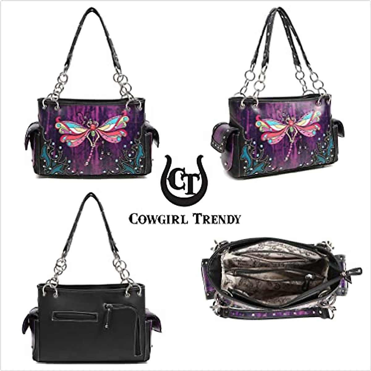 Colorful Dragonfly Western Spring Purse Country Handbag Women Shoulder Bag Crossbody Wallet Set Purple