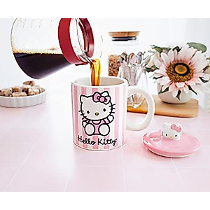 Toynk Hello Kitty Pink Stripes Ceramic Mug With Lid | Holds 18 Ounces