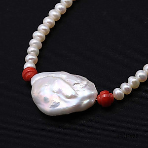 JYX Pearl Necklace Single Strand Handmade 5.5mm Flatly Round White Cultured Freshwater Pearl Necklace with Red Coral and Huge Baroque Pearl for Women 17"