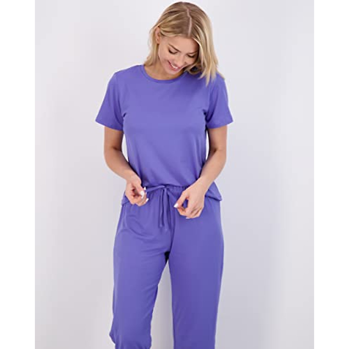 Real Essentials 2 Pack: Womens Short Sleeve Shirt Capri Sweat pants Pajama Sets Pajamas Soft PJ Women Two Piece Matching Pants Top Loungewear Sleep Wear Sexy Summer Bottoms Pijamas Ladies - Set 2, M