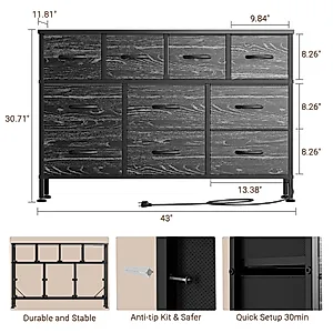 Lulive Dresser for Bedroom 10 Drawer Dresser TV Stand with Power Outlet, Entertainment Center Chest of Drawers for 55 Inch TV, Black Fabric Dresser for Bedroom Living Room Hallway Closets