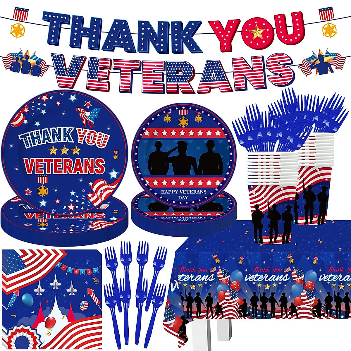 Veterans Day Decorations Tableware 102pcs Patriotic Theme Party Decorations Set Include Thank You Veterans Banner Plates Napkins Cups Forks and Tablecloth for Happy Veterans Day Supplies