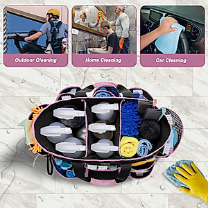 LoDrid Cleaning Caddy Bag with Handle and Shoulder Strap, Cleaning Supplies Organizer for Cleaning Work with 3 Compartments and Multifunctional Pockets, Black with Pink Edge