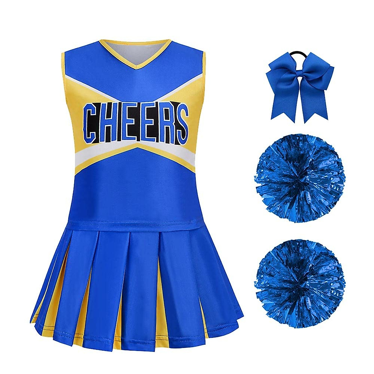 LMYOVE Cheerleader Costume for Girls, Cheerleading Outfit for Kids with Pom Pom, Child Halloween Costume Dress Uniform, Blue & Yellow, 6-7T