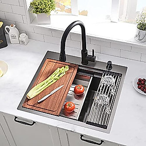 25 Black Drop In Kitchen Sink Workstation-Wesliv 25x22x10 Topmount Drop In Kitchen Sink Black Stainless Steel Sink Double Ledges Workstation Sink 16 Gauge Single Basin Kitchen Sink with Accessories